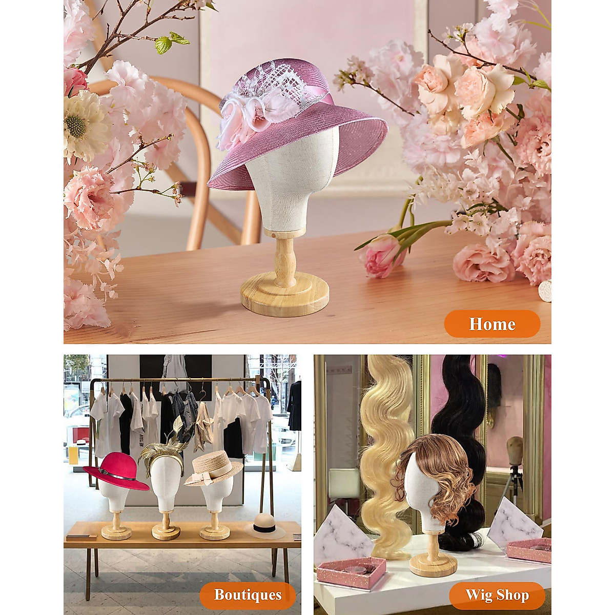 CHADWICK Wig Head Stand Mannequin Head Hat Display Stand Linen Wig Holder, Hat Rack Fabric Head, Canvas Dome + Detachable Wood Stand, Wig Display Model Head Wig Stand for Wigs, Hats, Caps, Headdress