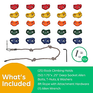 Jungle Gym Kingdom Rock Climbing Holds for Kids - Indoor & Outdoor Rock Wall Climbing Kit with Mounting Hardware, Knotted Rope and 25 Handles - Playground Accessories﻿