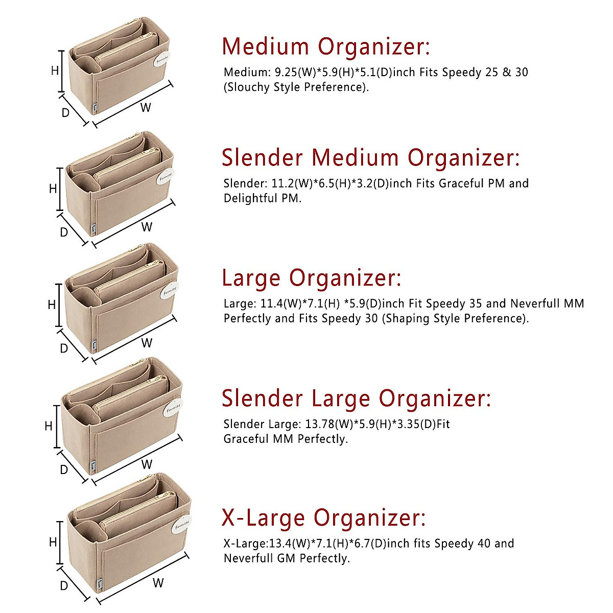 Purse Organizer Insert, Handbag Organizer, Bag in Bag Organizer, Perfect for Speedy Neverfull and More, 5 Sizes (Slender Large, Beige)