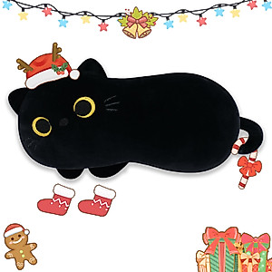 Black Cat Plush Lumbar Pillow, Stuffed Animals Cat Plush Pillow, Cute Cat Travel Pillow Cat Nap Pillow Waist Cushion, Cat Plushie Black Cat Toy Pillow for Kids Gift for Christmas Thanksgiving Birthday