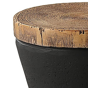 SUNBURY Outdoor Accent Table, 11" Hourglass Shaped Outdoor Side Table for Patio, Concrete Garden Stool End Table, Morden Outdoor Concrete Side Table Wooden-Look Top for Bedroom, Garden, Backyard