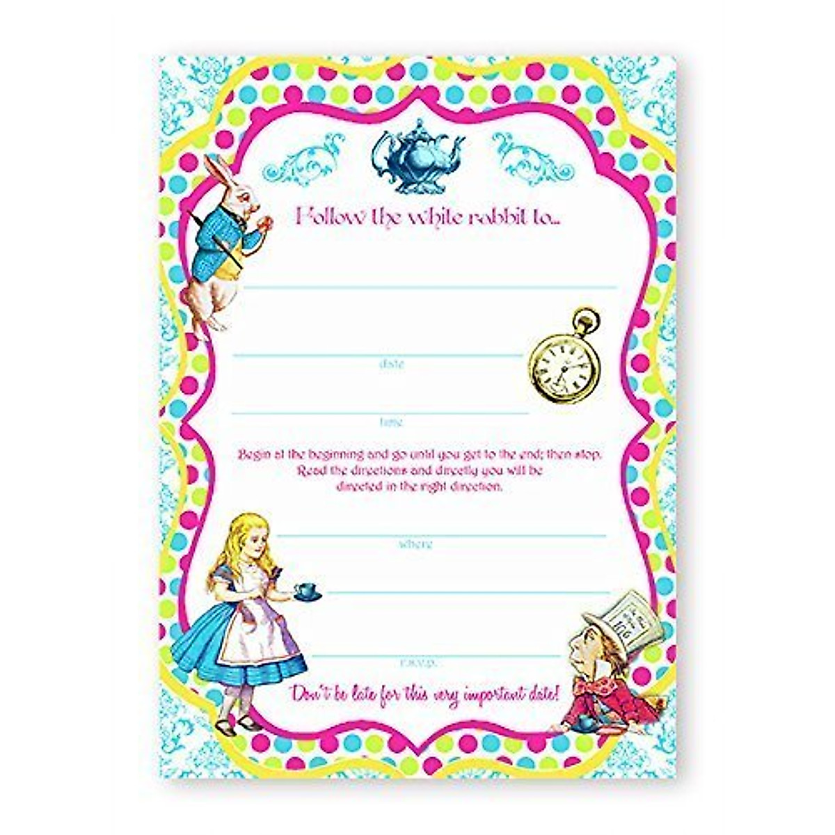 POP parties Alice In Wonderland Brights LARGE Invitations - 10 Invitations + 10 Envelopes