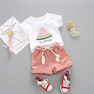 YOUNGER TREE Toddler Baby Girls Clothes Watermelon T-Shirt + Linen Shorts with Belt Cute Summer Short Set (Pink, 3-4 T)