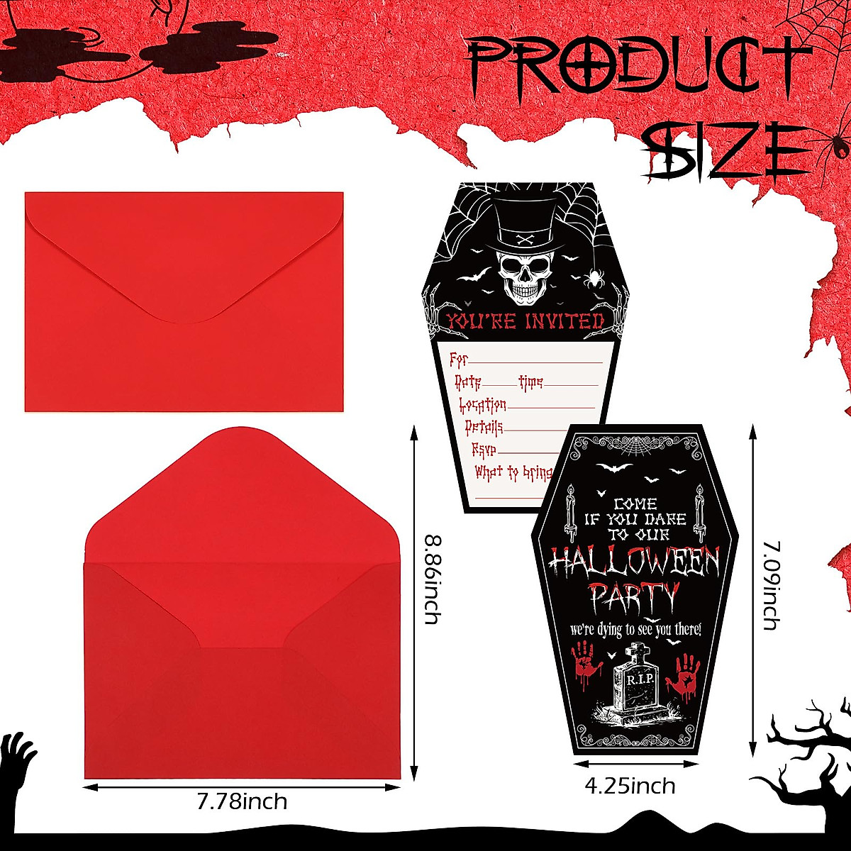 Geelin 60 Pcs Halloween Party Invitations with Envelopes Ticket Scary Halloween Party Invitations Halloween Baby Shower Invitations Horror Birthday Invitations Party Invitation Cards (Coffin Style)
