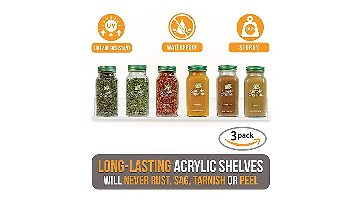 Pretty Display Crystal Clear Wall Mount Spice Rack 3 Pack | Easy Install