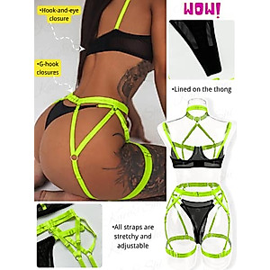Kaei&Shi Garter Lingerie For Women,Glow In The Dark Blacklight Strappy Underwire Choker Sexy Lingerie,Adjustable Straps Sheer Thong Belt Matching 4 Piece Lingerie Set Boudoir Neon Green Medium
