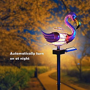 JUYUAN Flamingos Metal Figurine Lights Pink, Outdoor Solar Garden Lights, Pathway Lights Rain Proof Decorative Birds Statues for Garden, Yard, Patio, Landscape, Pathway, House Around (1/Pack)
