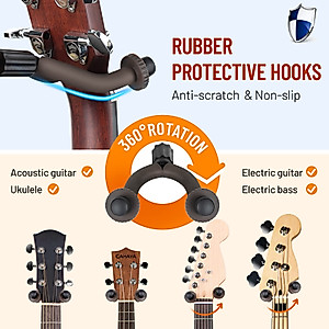 CAHAYA Guitar Wall Mount Hanger with Shelf and Pick Holder Rotatable Rubber Hooks Take 2 Guitars for Acoustic Electric Bass Violin Banjo Mandolin Ukulele CY0298