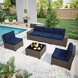 IDEALHOUSE 6 Pieces Blue Patio Sectional Furniture Set, Wicker Conversation Sets Patio Furniture, Brown Patio Sofa with 5 Navy Blue Seat Cushions and 1 Glass Coffee Table