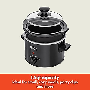 bella Electric Slow Cooker 1.5 Qt, Dishwasher Safe Removable Stoneware Pot and Glass Lid, Adjustable Temperature & Cool Touch Handles, Portable Mini Rice Cooker, Baby Food Steamer & Soup Warmer, Black