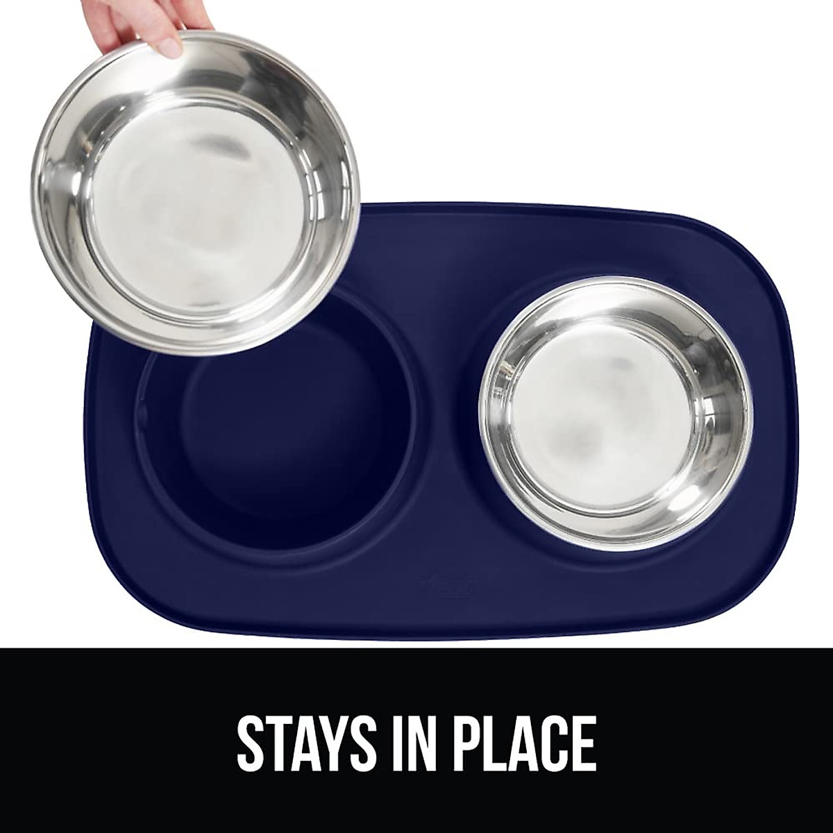 GORILLA GRIP 100% Waterproof BPA Free Cat and Dog Bowls Silicone Feeding Mat Set, Stainless Steel Bowl Slip Resistant Raised Edges, Catch Water, Food Mess, No Spills, Pet Accessories, 1 Cup, Navy