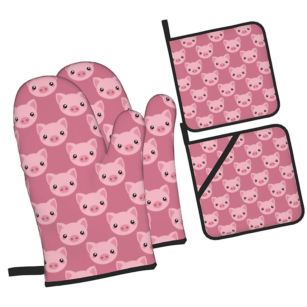 Pink Pig Oven Mitts and Pot Holders Set of 4 Washable Heat Resistant Kitchen Gloves Waterproof Oven Gloves and Hot Pads for Cooking Grilling BBQ Baking
