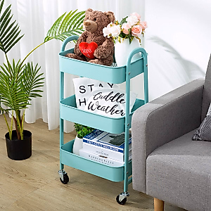 AGTEK Makeup Cart, Movable Rolling Organizer Cart, Aqua Blue 3 Tier Metal Utility Cart