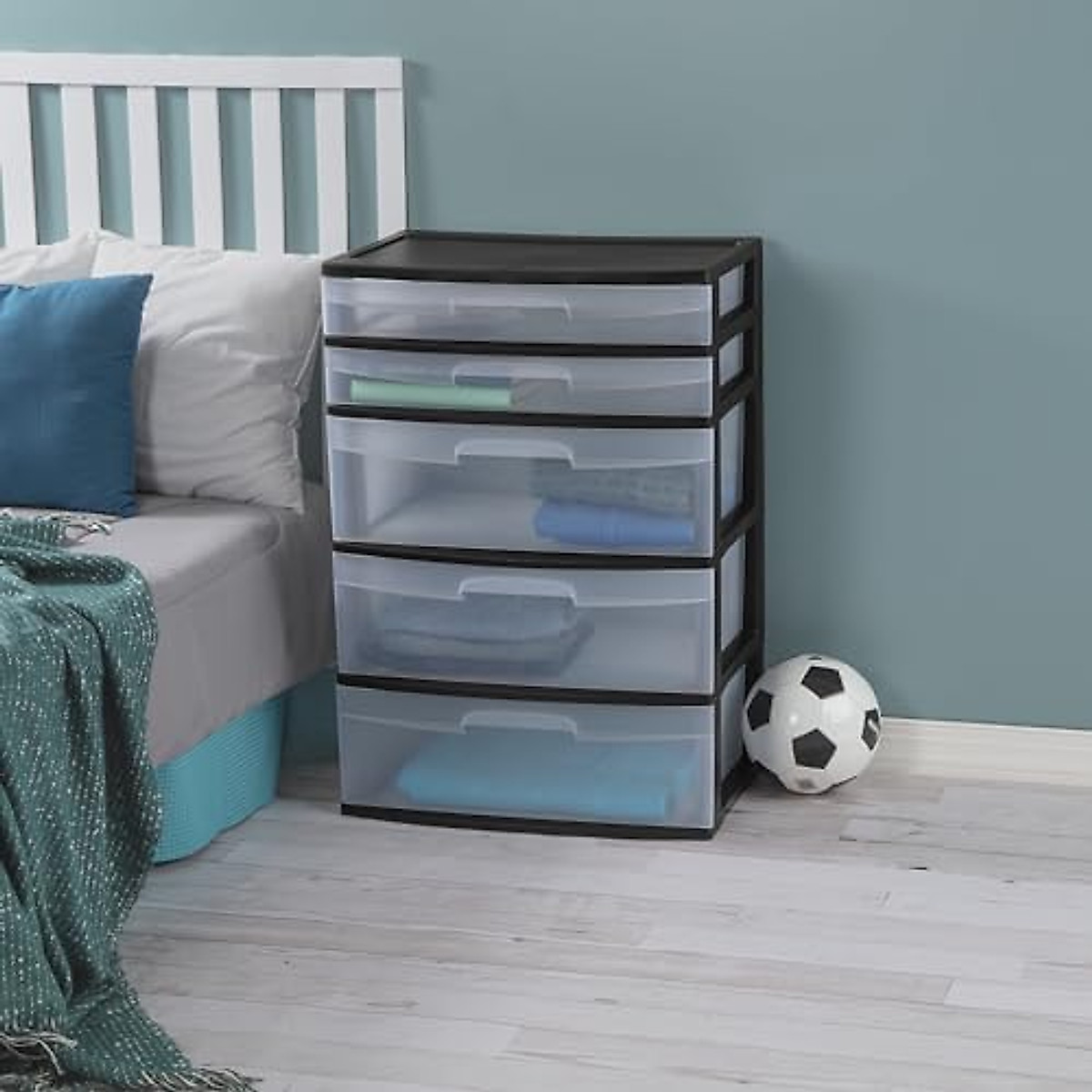 CLMSTE Plastic 5 Drawer Wide Tower, Black