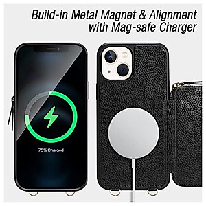 ZVE for iPhone 14 Plus Crossbody Wallet Case for Magsafe, Magnetic Phone Case with RFID Blocking Card Holder Wrist Strap for Women, Zipper Leather Cover for iPhone 14 Plus, 6.7"-Black