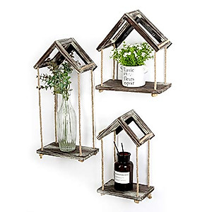 J JACKCUBE DESIGN Set of 3 Rustic Wood Floating Hanging Rope Wall Shelves, Wall Decorative Wooden Boho Decor Shelf for Living Room Bedroom Home Apartment Decor - MK664A