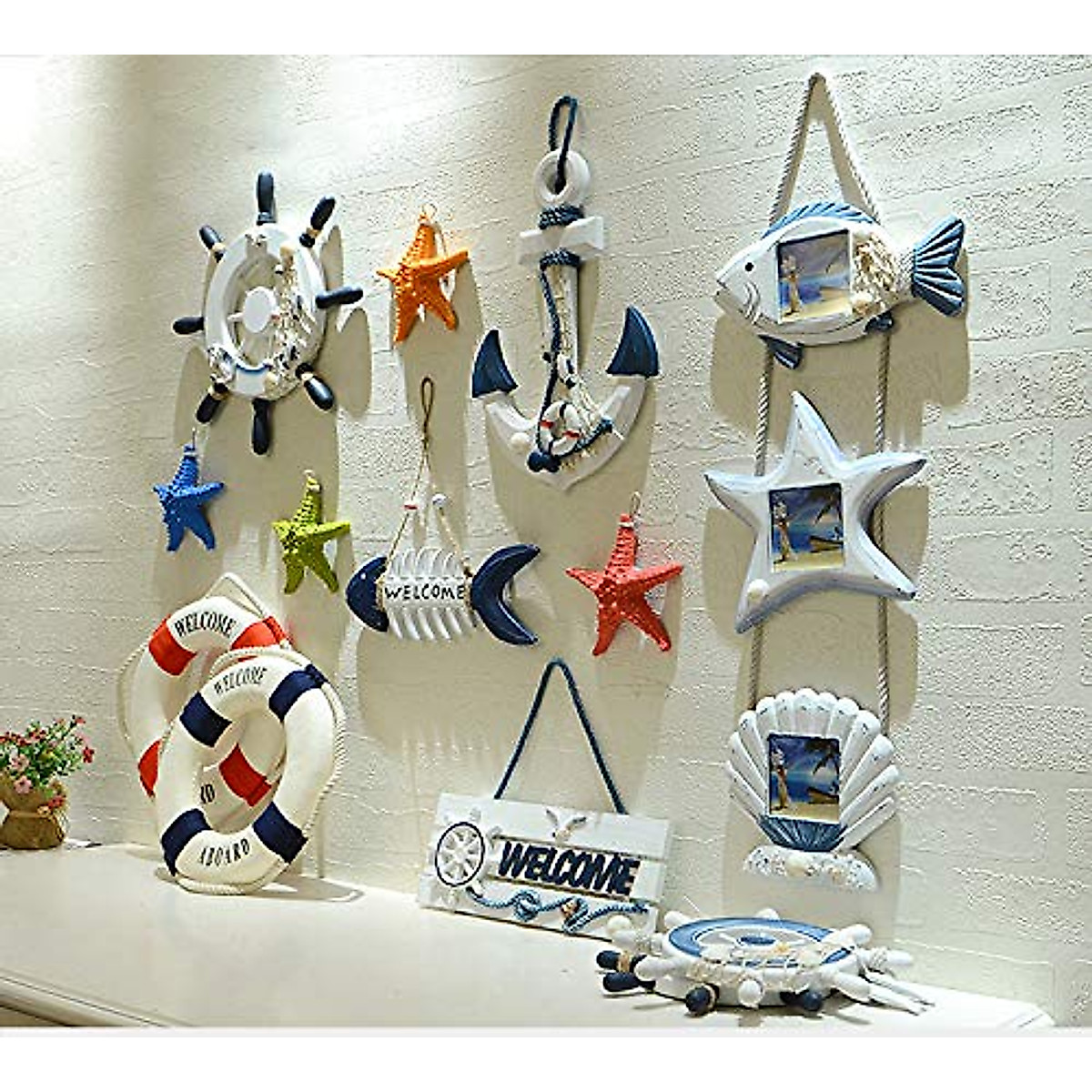 Hooshing Boat Steering Wheel Decor Wooden Mediterranean Style Crafts Rudder Wall Decoration Fishing Net for Wall Door Home Office White