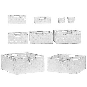 Sorbus Storage Box Woven Basket Bin Container Tote Cube Organizer Set Stackable Storage Basket Woven Strap Shelf Organizer Built-In Carry Handles (White)