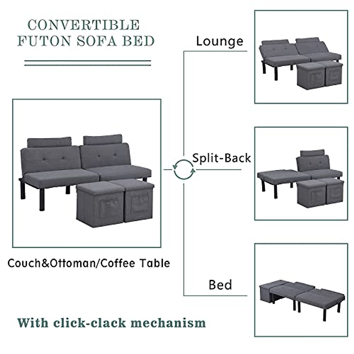 VUYUYU Convertible Futon Sofa Bed with Two Storage Ottoman/Coffee Table, Folding Loveseat Sleeper, Small Futon Couch for Compact Living Space, Apartment, Dorm, Bedroom, 3 Angles/Metal Legs