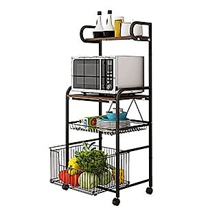 Gdrasuya10 Kitchen Baker's Rack Microwave Stand Cart on Wheels 4 Tier Shelves with Large Metal Baskets Utility Storage Shelf Rolling Cart Fruit Vegetable Kitchen Organizer Rack
