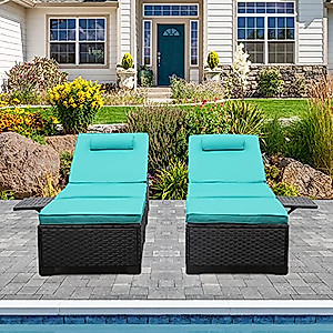 Outdoor PE Wicker Chaise Lounge for Outside - 2 Piece Patio Set Black Rattan Reclining Sunbathing Chair Beach Poolside Adjustable Backrest Recliners with Furniture Cover and Turquoise Cushions