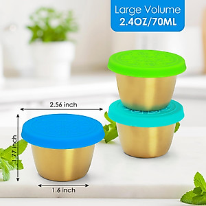 GuDoQi 8 Pack Salad Dressing Container To Go, 2.4oz Small Condiment Containers with Leakproof Silicone Lids, Gold Stainless Steel Reusable Sauce Cups for Lunch Bento Box, Picnic and Travel