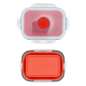 CCyanzi 3piece Collapsible Food Storage Containers with Lids, Silicone Lunch Container, Microwave & Freezer Safe, Space Saving for Kitchen Cabinet and Camping Backpack,(red gray)