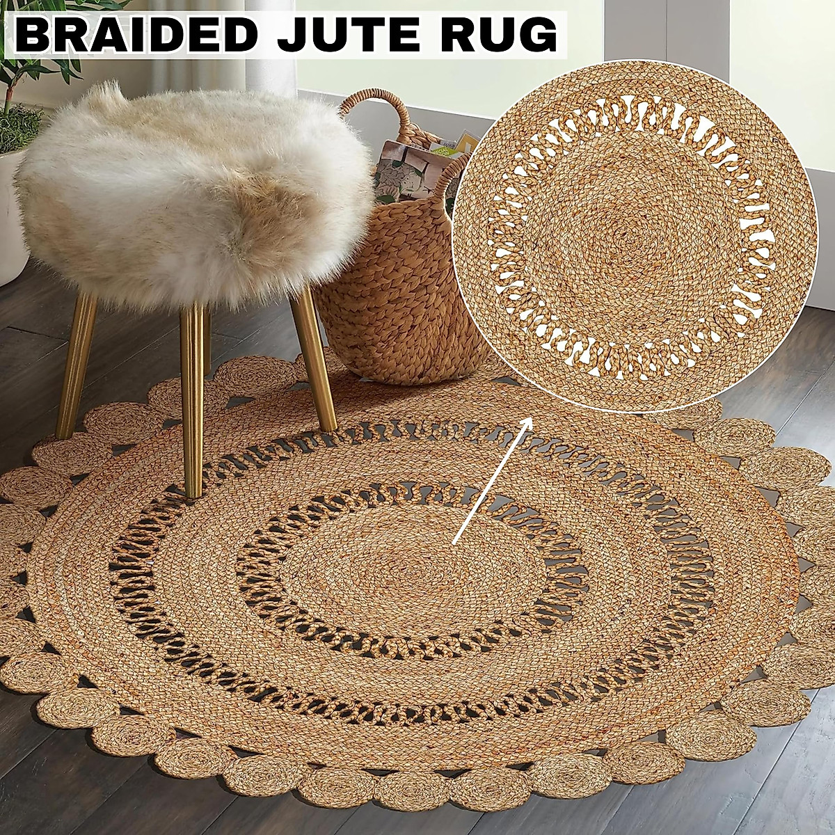 Limecasa,Hand Woven Farmhouse Jute Area Rug 3 Ft Round Natural Yarn, Rustic Vintage Beige Braided Reversible Rug, Eco Friendly Rugs for Bedroom, Kitchen, Living Room, Farmhouse 100% Jute Rug