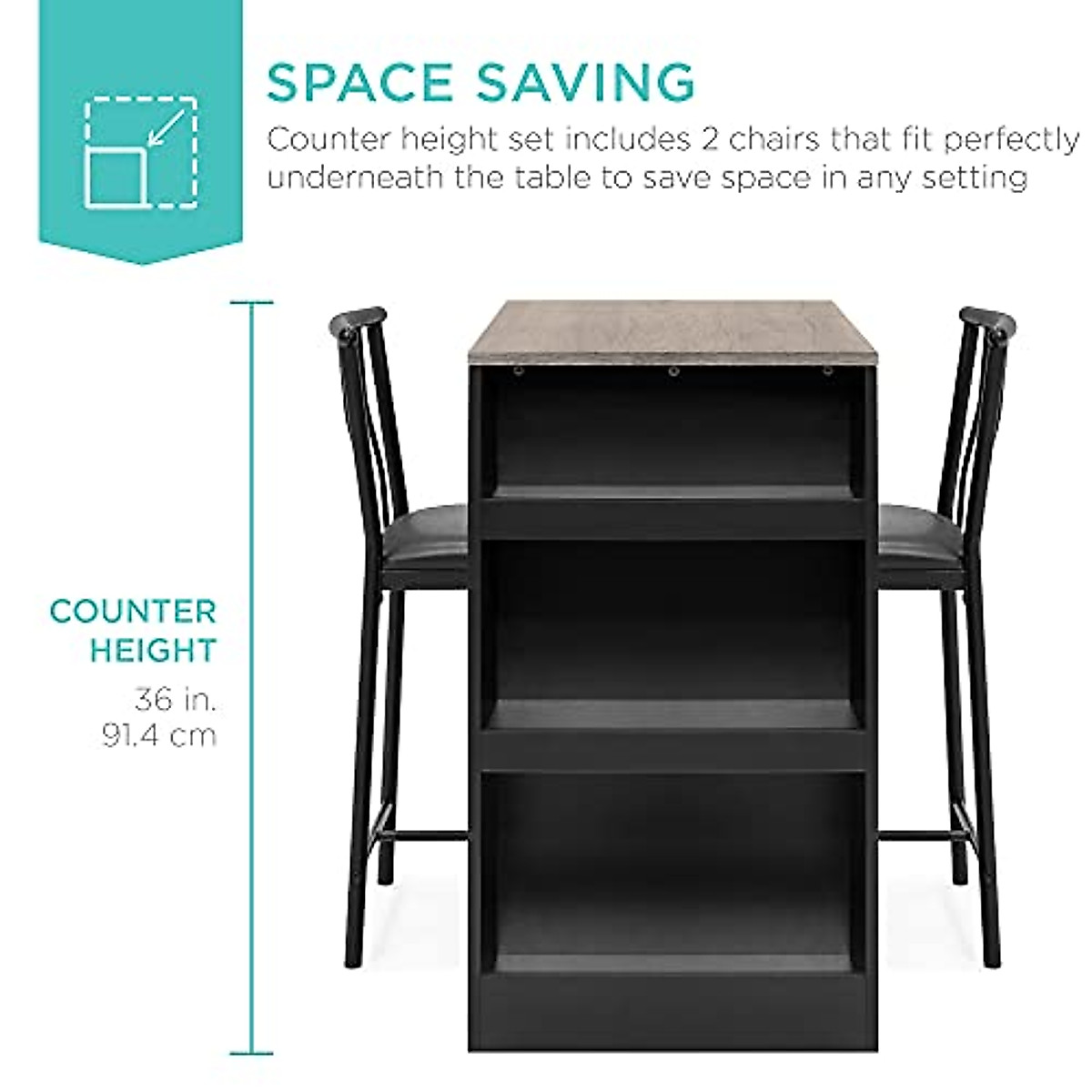 Best Choice Products 3-Piece 36in Wooden Counter Height Dining Table Set for Kitchen, Dining Room w/Storage Shelves, Metal Frame, 2 Barstools - Gray