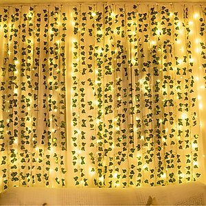 COOLUCK 84Ft 12 Pack Artificial Ivy Leaf Plants Vine with 80 LED String Light,Green Vines Garland, Hanging for Home Kitchen Office Wedding Wall Décor