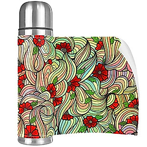 Red Flower Floral Art Stainless Steel Coffee Thermos, Double Walled Insulated Water Bottle for Outdoor Sports, Office, Car (17 OZ/500ML)