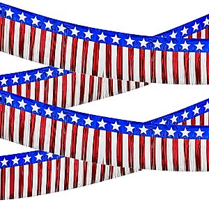 8 Pack Parade Floats Foil Fringe, Each 10 ft x 15'' American Flag Stripes and Stars Tinsel Patriotic foil Fringe Garland for 4th of July Trailer Car Graduation Homecoming Party(8 Pack)…