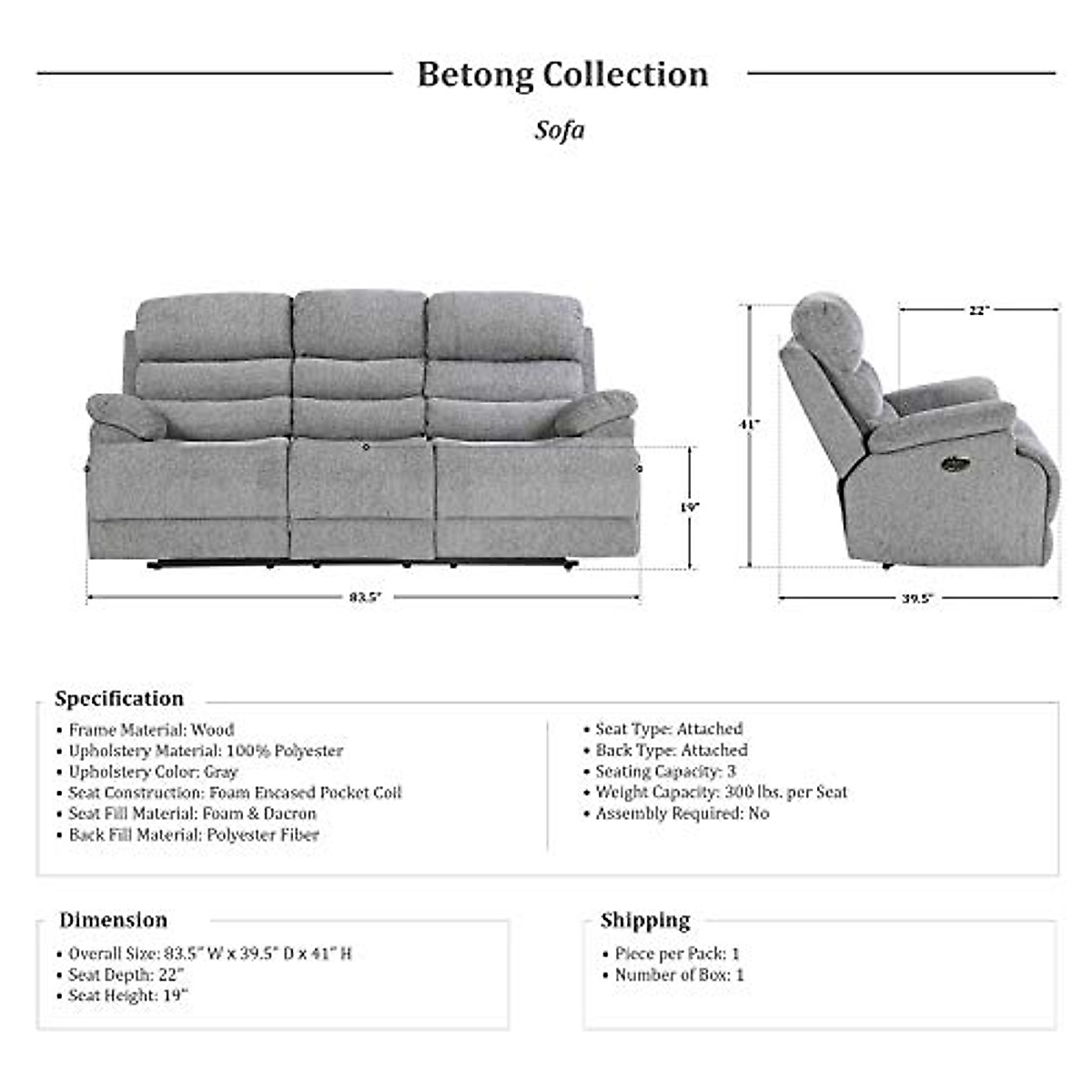 Lexicon Betong Power Double Reclining Sofa, Smoke Grey