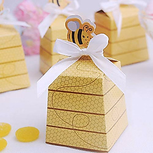 MeiMeiDa 30 Pack Bumble Bee Candy Boxes Treat Boxes Paper Beehive Gift Box with Ribbon for Bee Party Decoration Bee Birthday Baby Shower Favors Supplies
