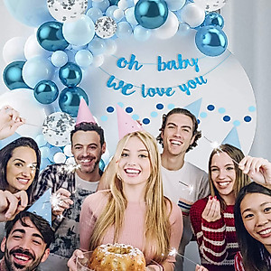 Upgraded,105PCS Gender Reveal Baby Shower Decorations for Boy,Blue and White Birthday Balloons Garland Arch Kit, Oh Baby Birthday Banner, Giltter Dots Birthday Garland+Pump+Complete Accessories