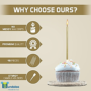 Bundaloo Gold Birthday Candles for Cake - Set of 48 Gold Candles for Birthday Cakes - with Plastic Holders, 5.5" Long, 0.20" Thickness