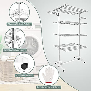 Todeco Laundry Drying Rack, 4 Tier Collapsible Metal Clothes Horses with Two Side Wings, Heavy Duty Clothes Drying Rack Use for Laundry, White
