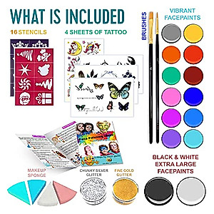 Desire Deluxe Face Paint Kit Palette – Kids & Adult Washable Halloween Make Up Party Set Toy Include Body Brush, Glitter, Stencil, Tattoo – Great Gift for Christmas & Birthday