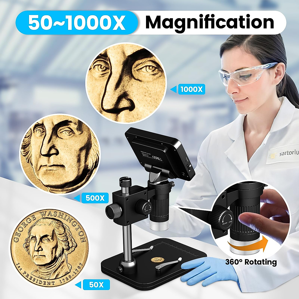 USB Digital Microscope with 4.3'' Screen, GUVOP Fast Focusing Electronic Soldering Microscope, Height-Adjustable & 8 LED Lights Coin Microscope Magnifier with 32GB Card for Adults/Kids-Black
