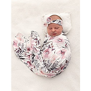 Terriboo Newborn Baby Girl Swaddle and Headband Set Floral Receiving Blanket (Pink)