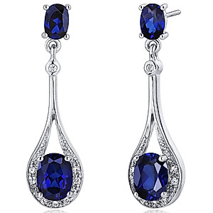 Peora Created Blue Sapphire Dangle Earrings 925 Sterling Silver, Halo Drop Oval Shape, 5 Carats total, Friction Backs