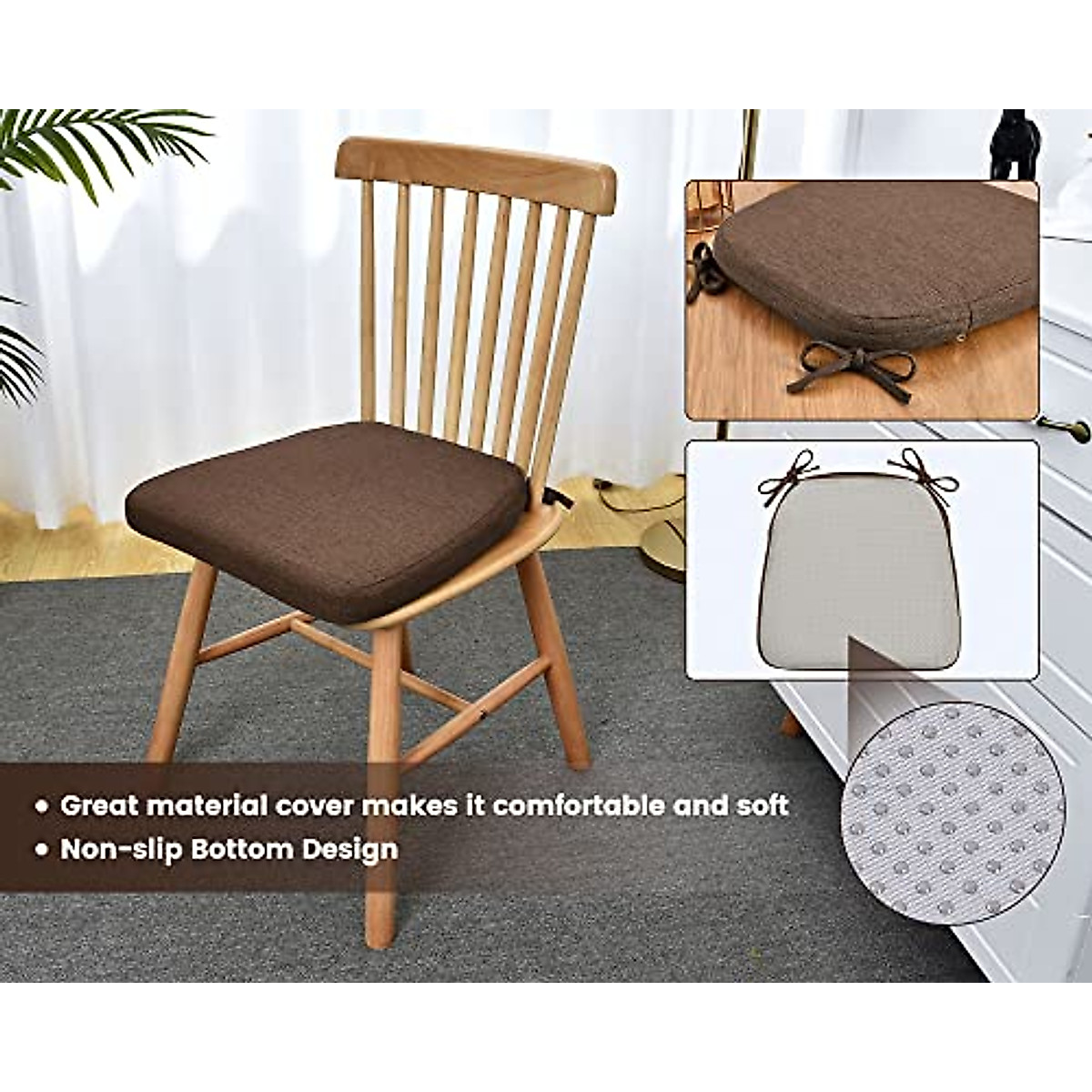 COSNUOSA Kitchen Chair Cushions Dining Chair Cushions with Ties Non Slip Kitchen Dining Chair Pads Seat Cushion Set 17 x 16 Inches Brown 4 Pcs