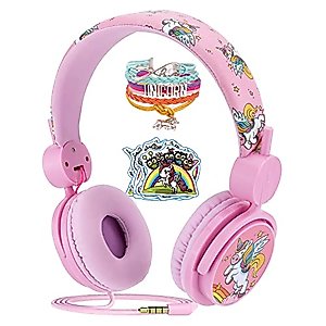 Joofooby Kids Unicorns Headphones with Mic for Travel/Car/Plane/School,Unicorns Gifts for Girls with Gifts Box,On/Over Ear HD Stereo with 95dB Volume Limited,Wired Headsets with Nylon Cable (Pink)