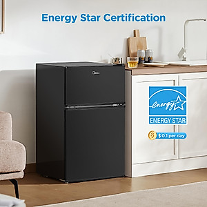 Midea WHD-113FB1 Double Door Mini Fridge with Freezer for Bedroom Office or Dorm with Adjustable Remove Glass Shelves Compact Refrigerator, 3.1 cu ft, Black
