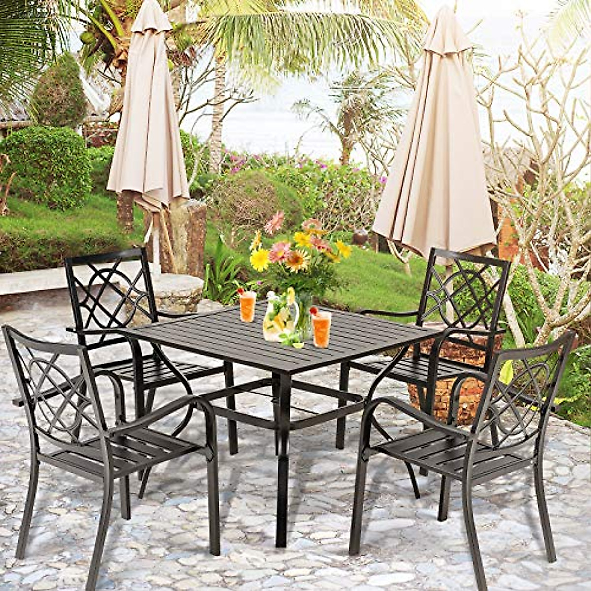 SUNCROWN 2 Pieces Wrought Iron Chairs Outdoor Dining Chairs Patio Metal Stack Chair for Backyard Garden