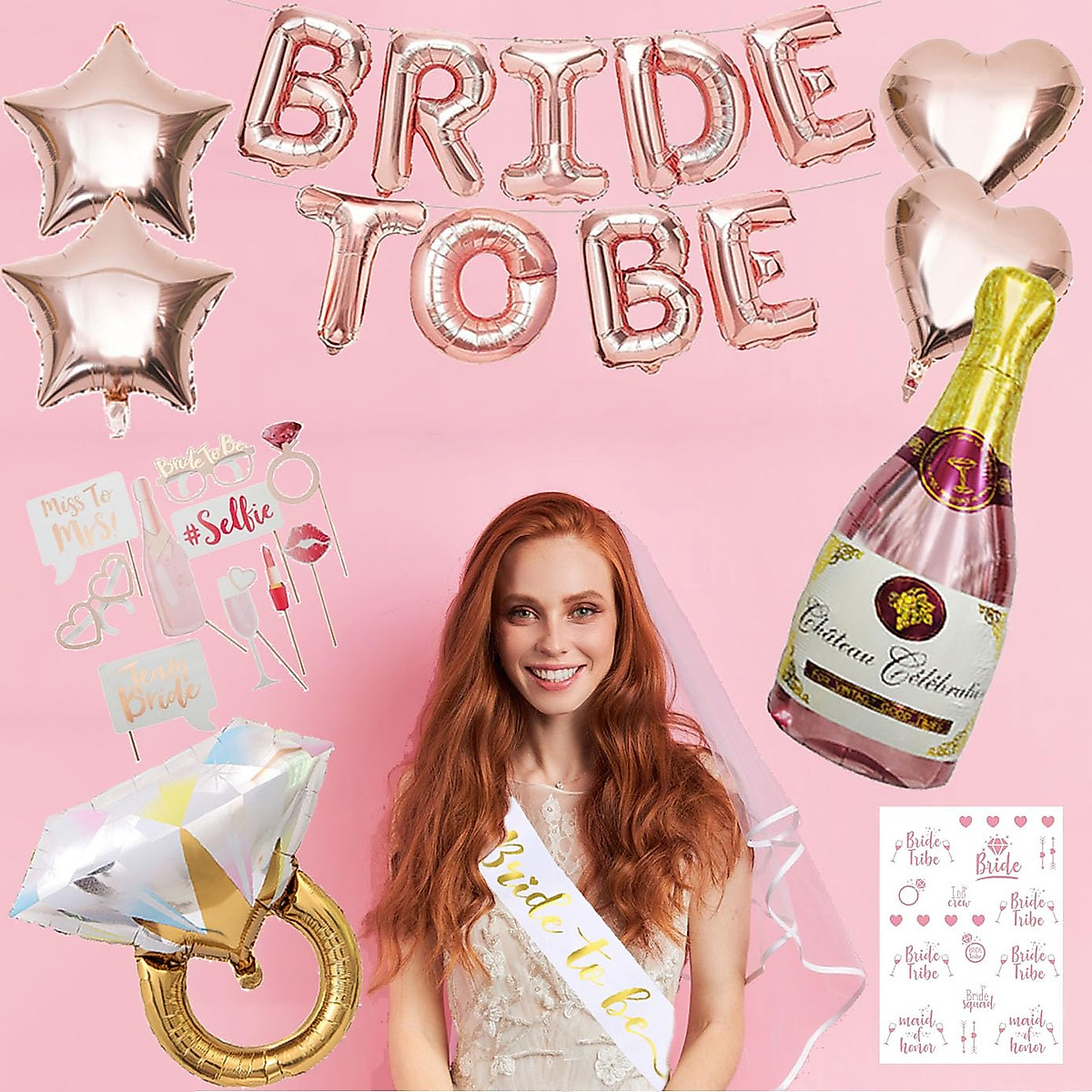Bachelorette Party Decorations Rose Gold Bridal Shower Party Favors Kit Bride To Be Sash and Foil Balloons, Curtain, Veil, Photo Props, Temporary Tattoos, Latex Balloons