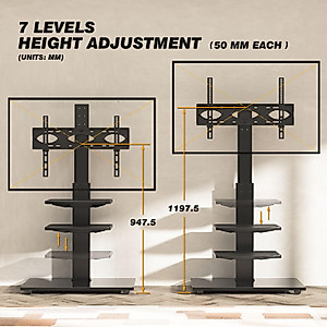 5Rcom Tall Swivel Floor TV Stand with 3 Shelves TV Stand Mount for Most 32 37 47 50 55 60 65 70 inch Plasma LCD LED OLED Flat Screen or Curved TVs, Tall Narrow Stand with Height Adjustable, Black