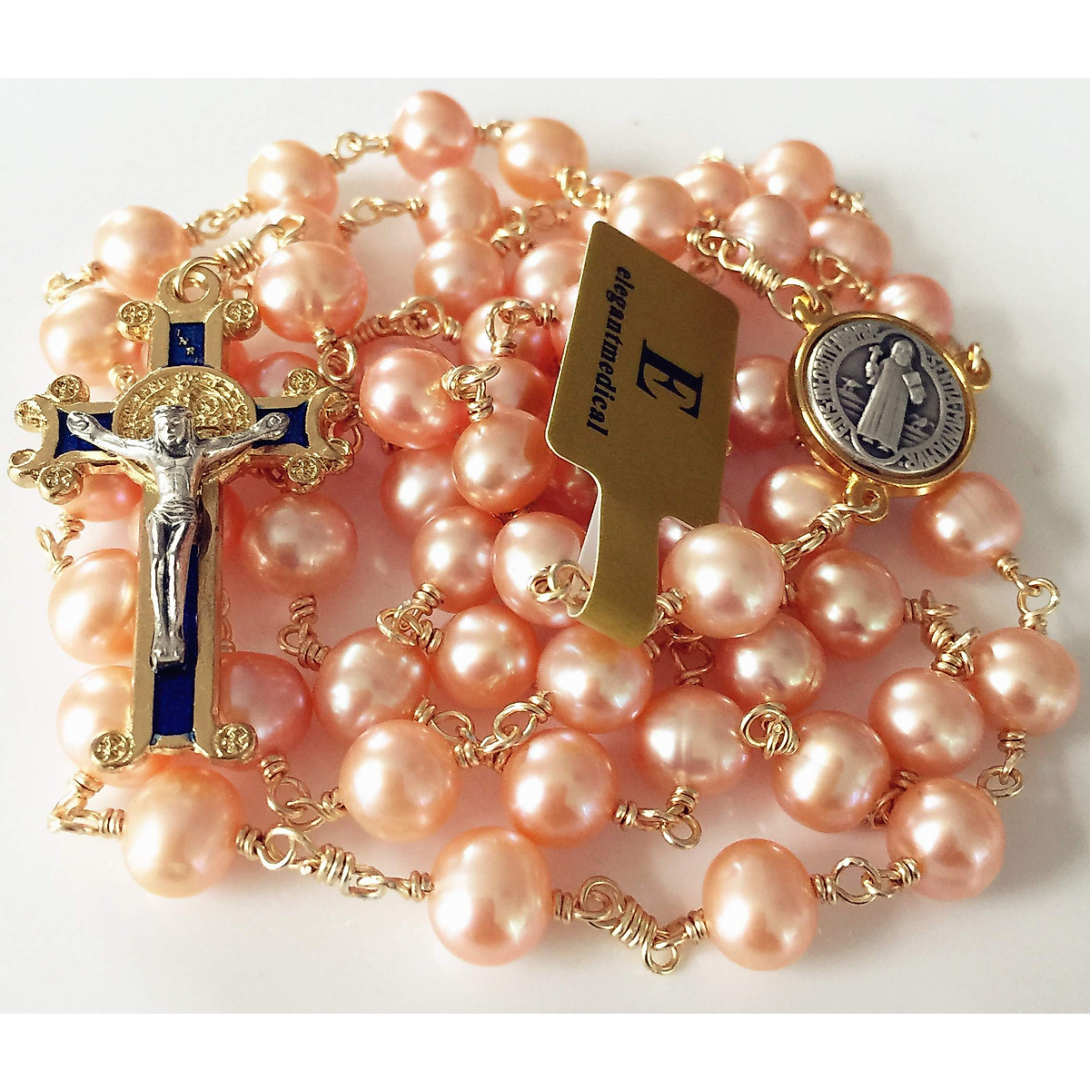 elegantmedical Pink 8mm Real Pearl BEADS St. Benedict GOLD ROSARY CROSS Necklace & box Catholic GIFTS