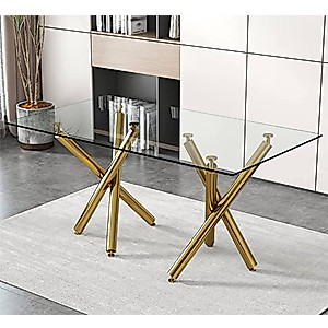 Ebullient Glass Dining Table,63 in 4-6 Person Home Dining Table Large Size Kitchen and Dining Room Table with Tempered Glass top and Gold Metal Legs, Modern Rectangular Dining Table……