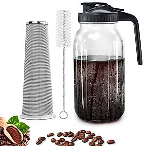 Cold Brew Coffee Maker Pitcher, 64oz Thick Glass Multipurpose Mason Pitcher Spout Lid with Wider Handle & Stainless Steel Filter for Iced Coffee, Lemonade, Ice Tea, Homemade Fruit Drinks, Black